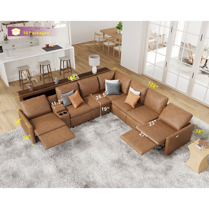 Latitude Run Power Recliner Leather 7 Seats L Shaped Recliner Sofa with Cup Holder Charging Port Wayfair